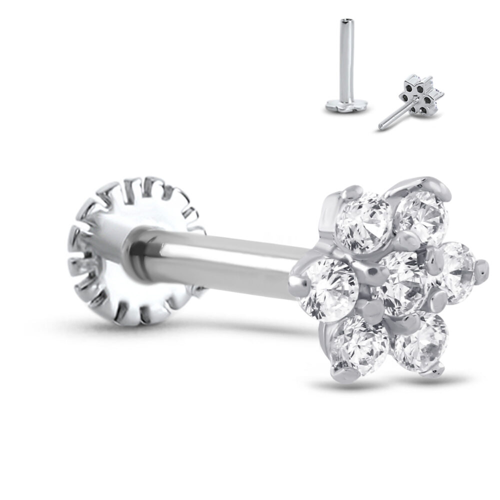 14K White Gold Labret Style Nose Stud 6mm Flower Genuine Diamonds ...